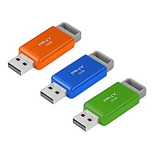 PNY USB 2.0 Flash Drives, 32GB, Assorted Colors, Pack Of 3 Drives