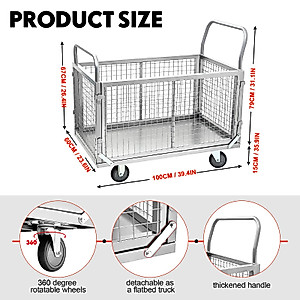 Datanly Platform Truck Cart with Cage, Large Foldable Flat Cart Heavy Duty Push Cart Dolly Load 1600lbs Hand Truck Dolly Cart with Swivel Casters Flatbed Cart for Grocery Moving Laundry (39" x 24")
