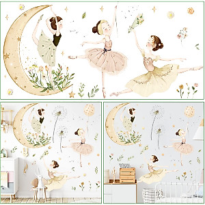 2 Sheets Ballet Girls Wall Stickers 3D Moon and Flower Wall Decals DIY Removable Dandelions Wall Sticker for Kids Baby Girls Bedroom Nursery Living Room TV Background Kids Rooms Home Wall Decoration