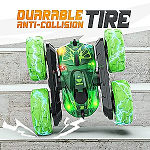 BEZGAR LED Remote Control Car for Boys, 2.4GHz Double Side 360 Flips RC Stunt Car for Boys 8-12, 4WD All Terrain Stunt Car with Rechargeable Battery