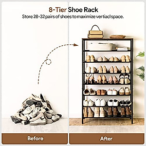 MAHANCRIS 8-Tier Shoe Rack, Large Capacity Shoe Shelf, Shoe Organizer for Closet, Entryway, 28-32 Pairs of Shoes, Stable Sturdy, Shoe Rack with Adjustable Metal Mesh Shelves, Rustic Brown SRHR1801Z