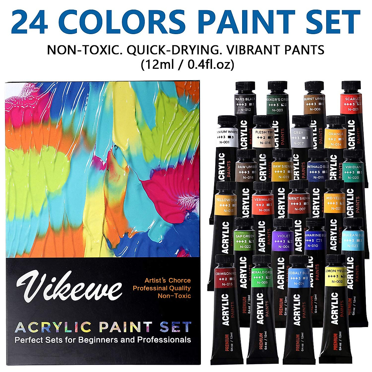 VIKEWE Acrylic Paint Set, 44 Piece Professional Painting Set, Includes 24 Acrylic Paints, 16 Pcs Paint Brushes with Case,Paint Knife and Art Sponge for Watercolor, Oil, Artists, Students and Kids