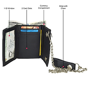 Leatherboss Genuine Leather Trifold Skull Biker Chain Wallet Credit Card Cash with ID Holder, Black