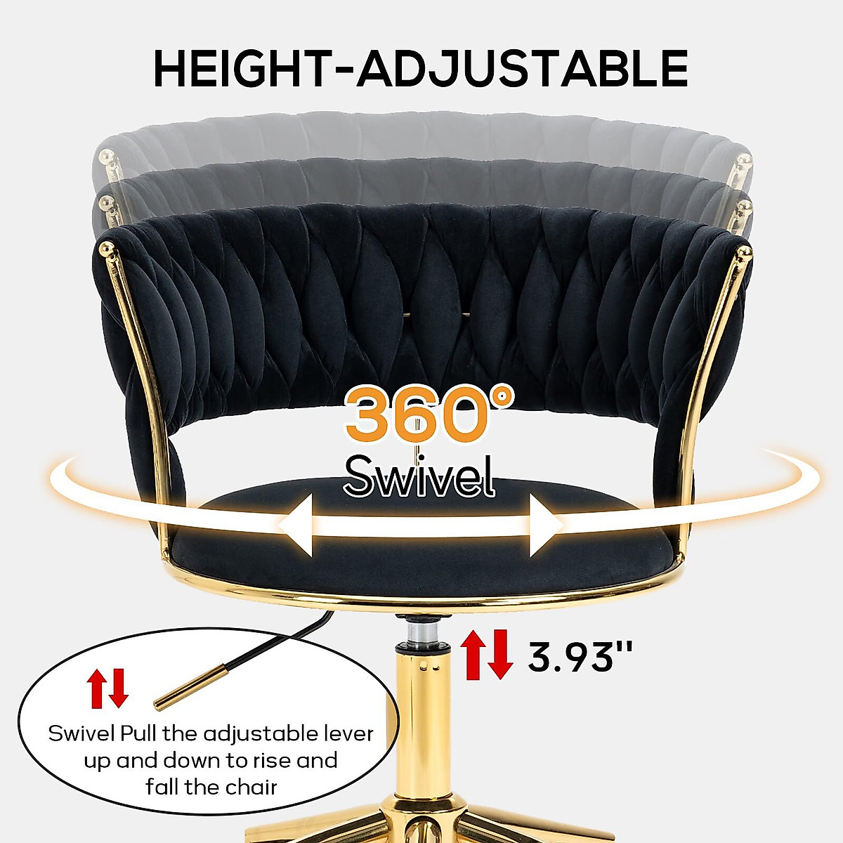 NIOIIKIT Velvet Office Desk Chair with Hand Woven Backrest, 360° Swivel & Height Adjustable Task Chairs, Makeup Chair, Living Room Chairs with Stainless Base and 5 Wheels (Black)