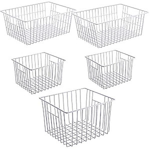 iPEGTOP Deep Refrigerator Freezer Baskets, Large Household Wire Storage Basket Bins Organizer with Handles for Kitchen, Pantry, Freezer, Cabinet, Closets, Pearl White, Set of 5