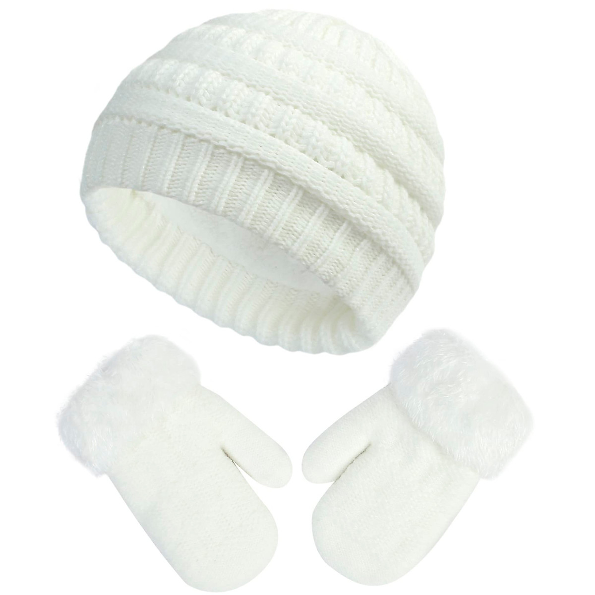 Muryuobao Toddler Kids Girls Boys Knitted Winter Hat Gloves Set Warm Fleece Lined Hats Baby Cable Skull Beanie Cap Mittens Set White Small