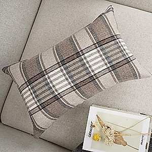 YOUR SMILE Retro Farmhouse Buffalo Tartan Chequer Stripe Plaid Cotton Linen Decorative Throw Pillow Case Cushion Cover Pillowcase for Sofa Outdoor Indoor (Brown, 12''x20'')