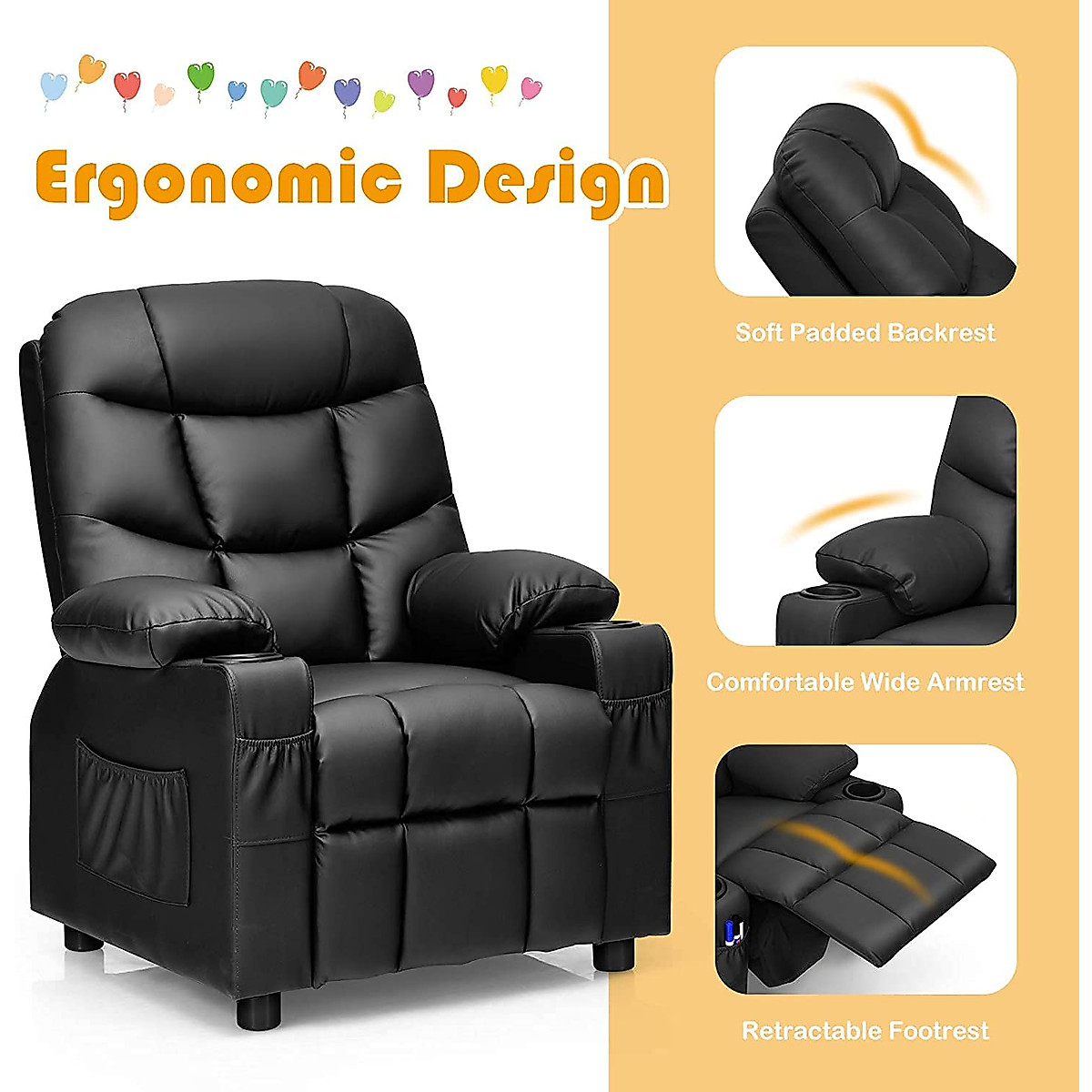 GLACER Kids Recliner Chair w/Cup Holder& Side Pockets, Children Recliner w/Comfortable Backrest, Armrests & Footrest, Toddler PU Leather Recliner for Boys Girls, 3+ Age Group, Black