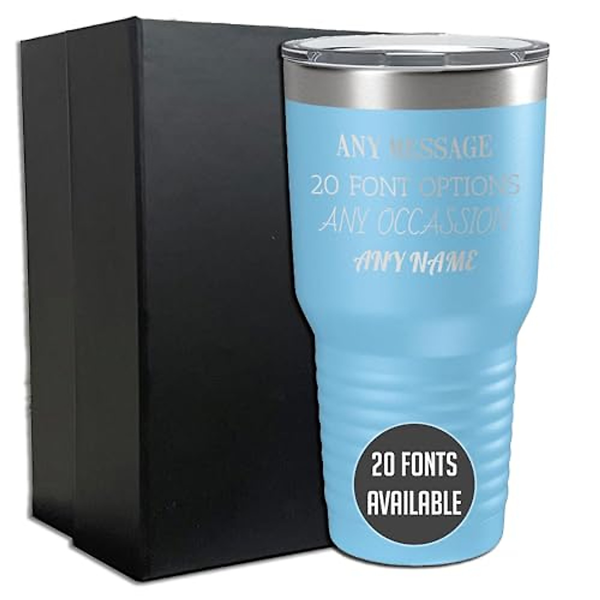 Personalized 30oz (17 Colors) Powder Coated Insulated Stainless Steel Tumbler with Lid, Custom Etched, Customized Text Message Name, Engraved Gift Idea Women Men Him Her, Your Text Here (Light Blue)