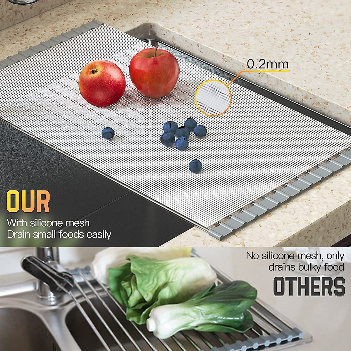 SunCleanse Roll-up Dish Drying Rack with Silicone Grid, Multipurpose Dry Rack Dish Drainer, Stainless Steel Foldable Dish Drying Rack for Sink Counter, Mini Grey 17.8"x11.8"