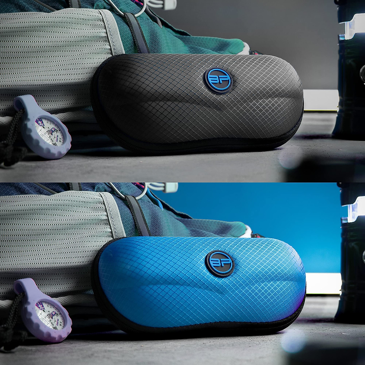 BLUPOND Sunglasses Case Semi Hard EVA Shell with Metal Hanging Hook Belt Clip Sun Glasses Storage (Black/Blue)