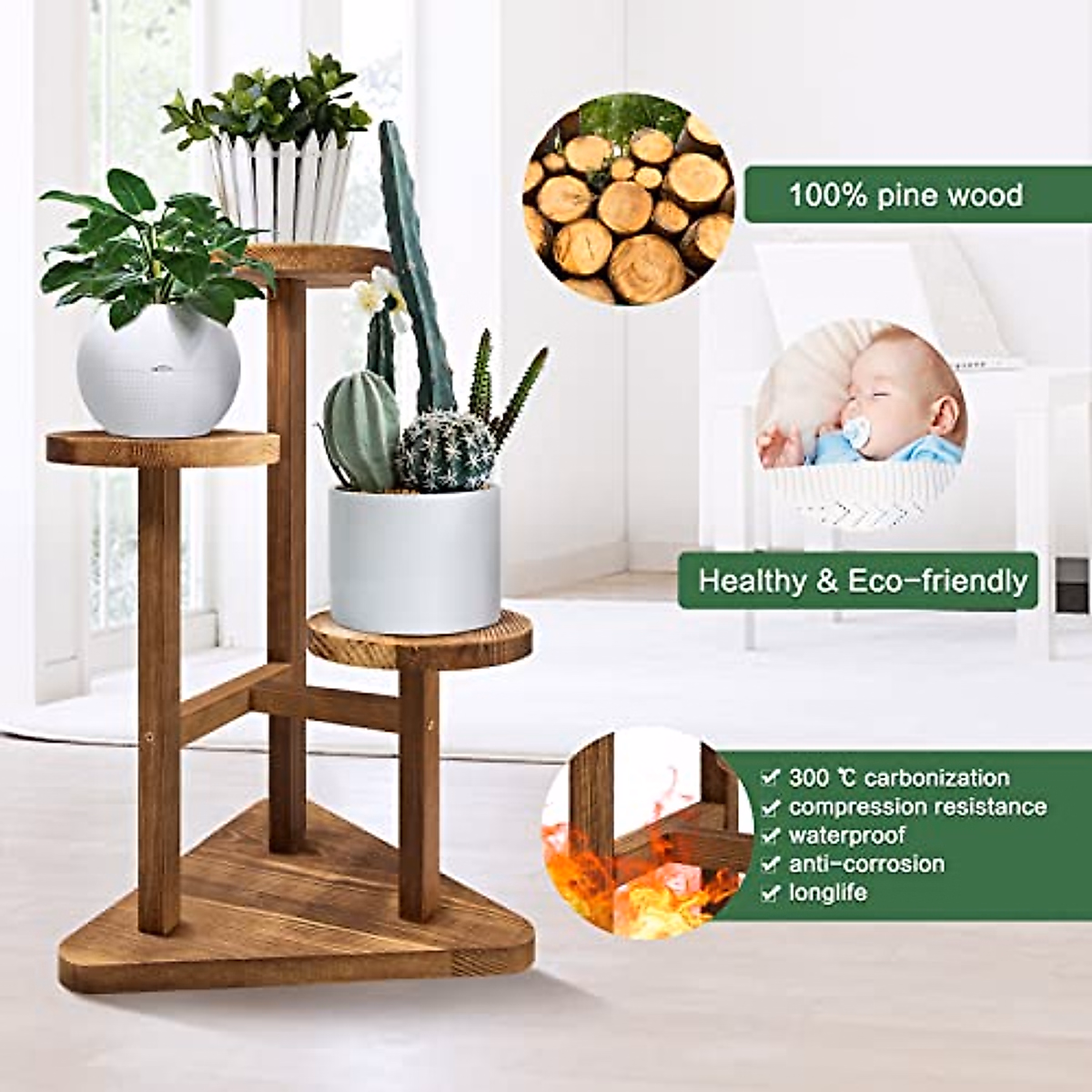 GEEBOBO 3 Tier Plant Stand, Tall Wood Plant Shelf Holder for Indoor Plants, Outdoor Garden Plant Display Rack Flower Pot Stand for Corner Living Room Balcony Garden Patio, Nature,V3( No Wheels