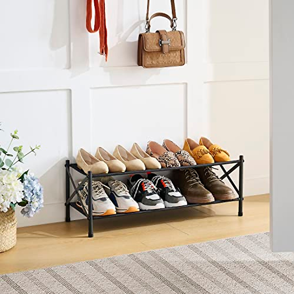 Tajsoon 2-Tier Stackable Shoe Rack, Expandable Fabric Shoes Shelf Storage Organizer with X Shape Fixed Frame for Entryway Doorway, Black