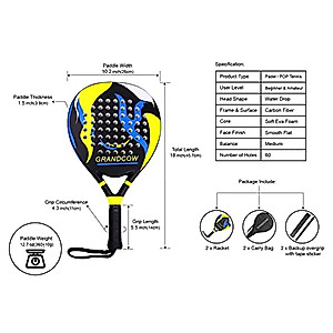 Padel Tennis Racket Racquet Carbon Fiber Power Lite Pop EVA Foam POP Tennis Paddle Paddleball Racket Racquets (2Pcs Black)