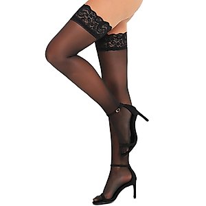 RSLOVE Women lingerie stockings Plus Size Top Lace Thigh High Stockings Sheer knee high stockings Antiskid Silicone Ultra Shimmery Tight, Black