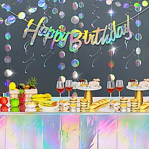 Iridescent Happy Birthday Banner Party Decorations, Shiny Happy Birthday Sign Holographic Circle Garlands Hanging Dots Streamer Backdrop Tablecloth for Iridescent Birthday Party Decorations Supplies
