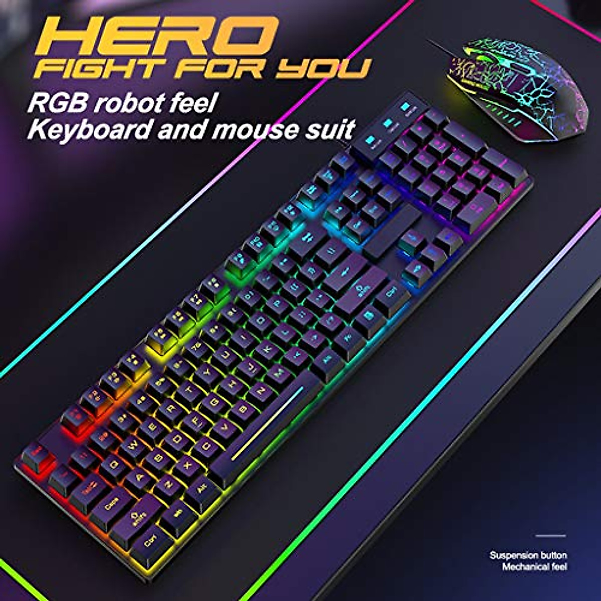 MAOSUO T6RGB Luminous Wired Gaming Keyboard and Mouse Set with Large Mouse Pad USB Colorful Backlit Easy-to-Operate Mechanical Feel Keyboard Accessories Kit for Laptop Computer Gamer Work