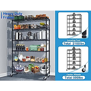6-Tier Storage Racks, 2100Lbs Capacity Heavy Duty Metal Shelf with Wheels, NSF Certified Commercial Grade Adjustable Large Wire Shelving Unit for Closet Kitchen Garage Basement 48"Lx18"Wx72"H