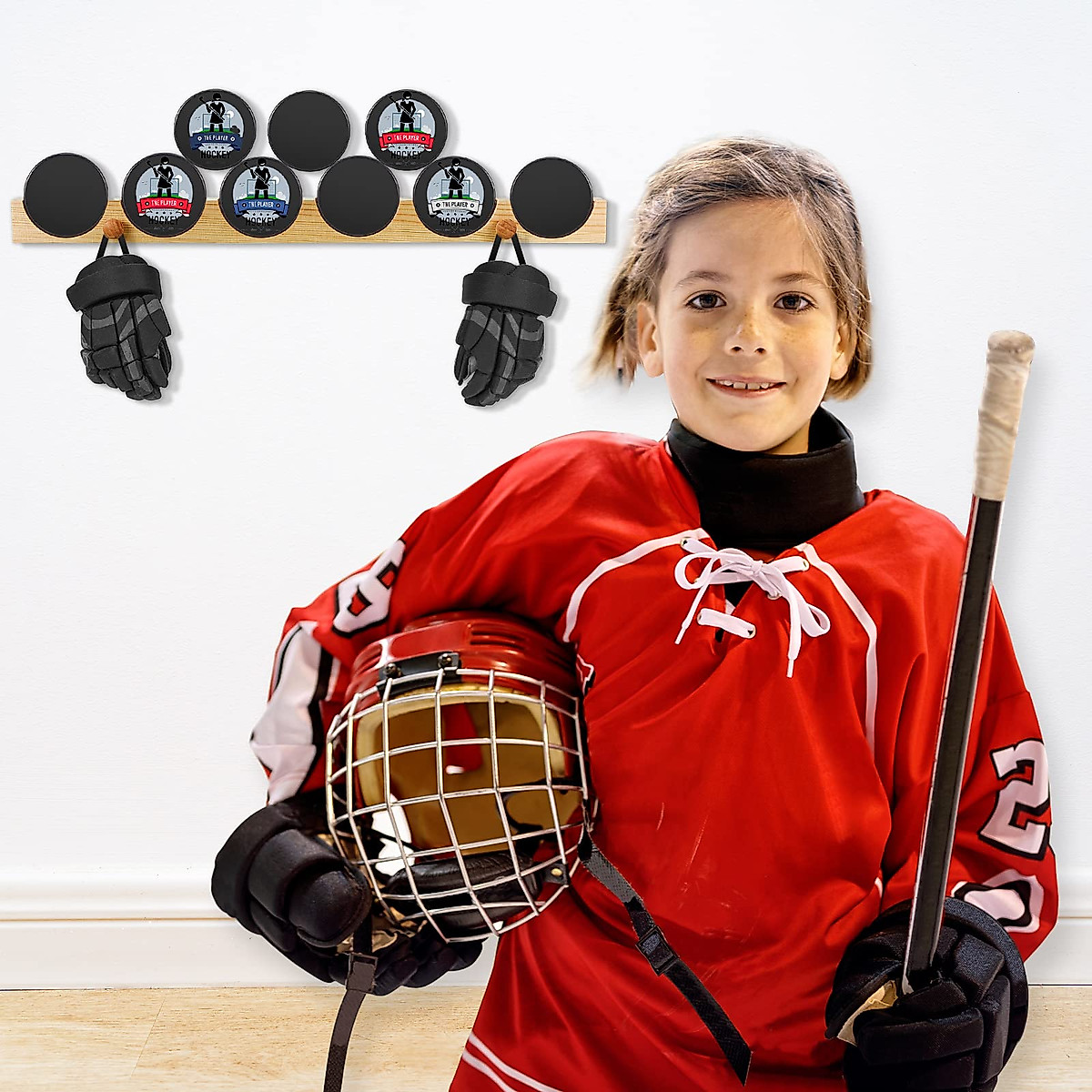 Taiyin 4 Pcs Hockey Puck Display Case Holder Wall Rack Holder Wall Mount Wood Hockey Puck Holder with Smooth Grooves for Room Living Room Decoration, 21.75 x 1.5 x 1 Inches