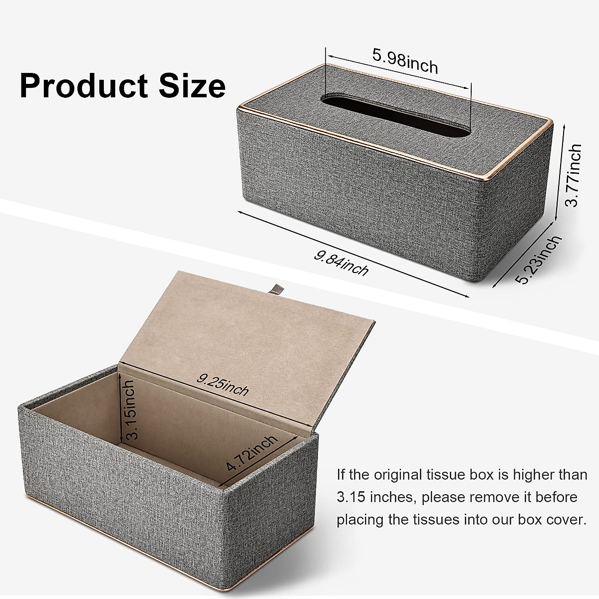 Tissue Box Cover Rectangular, PU Leather Tissue Box Holder for Kleenex,Napkin,Tissue Box Covers Rectangle for Bathroom Car Home Office Decorative 9.84"X5.23"X3.77" Grey