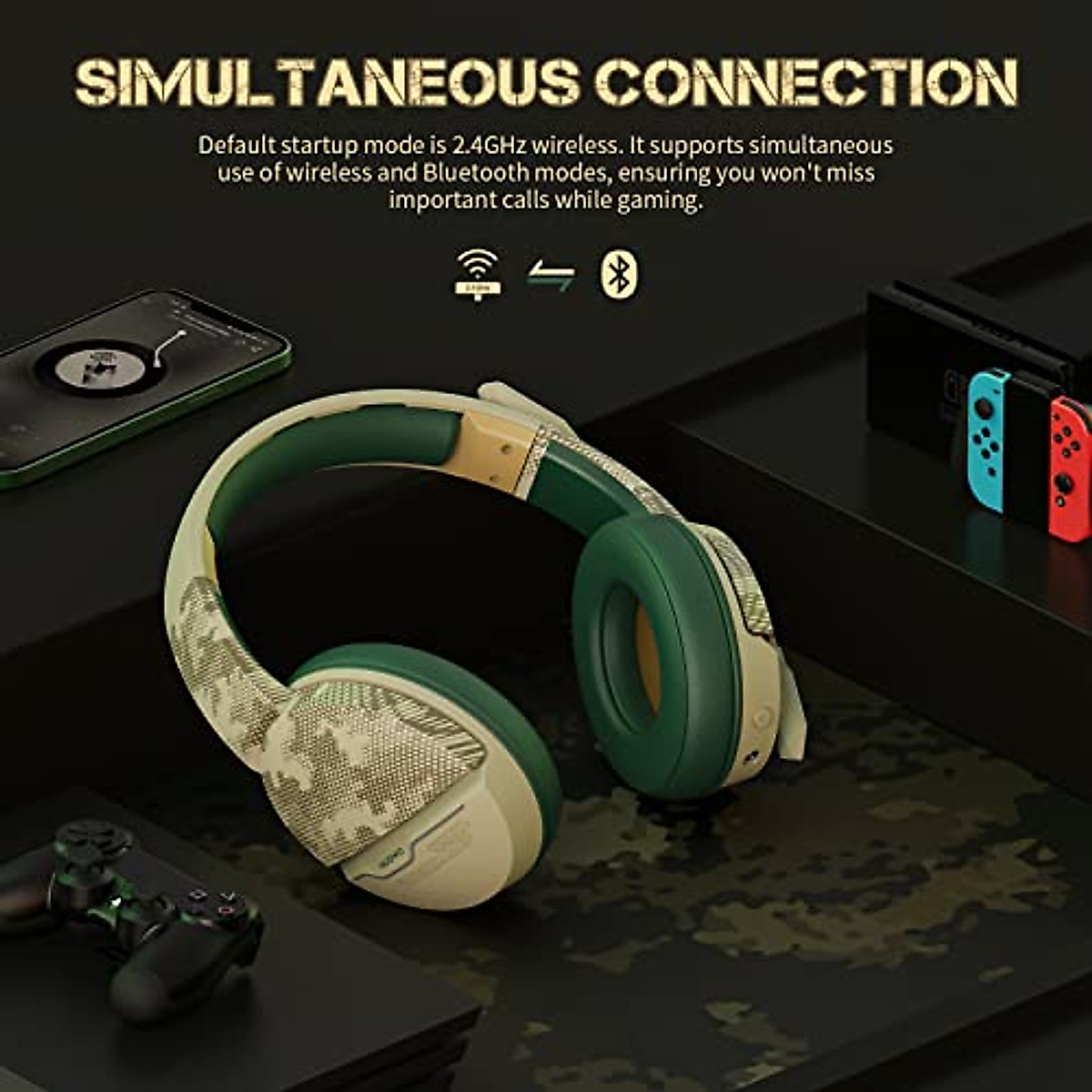 NUBWO G08 Wireless Gaming Headset with Microphone: 100-Hr Battery Life, 10m Range, Unique Desert Color, Compatible with PS4/PS5/PC/Mac