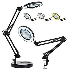 5X Magnifying Glass with Light and Stand, KIRKAS 2-in-1 Real Glass Lens Magnifying Desk Lamp with Clamp, 3 Color Modes, Stepless Dimmable Magnifier Light for Close Work Repair Reading Crafts- Black