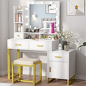 PAKASEPT Makeup Desk with Mirror and Lights, Desk and Chair, Vanity Table Set with Cushioned Stool, Shelves & Drawers, Storage Cabinet for Bedroom, White