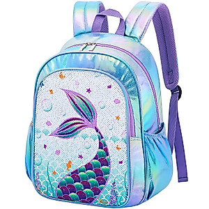 WAWSAM Sequin Mermaid Kids Backpack - Sparkly School Backpack for Girls Toddler Preschool Kindergarten Elementary 15" Hiking Travel Casual Blue Book Bag
