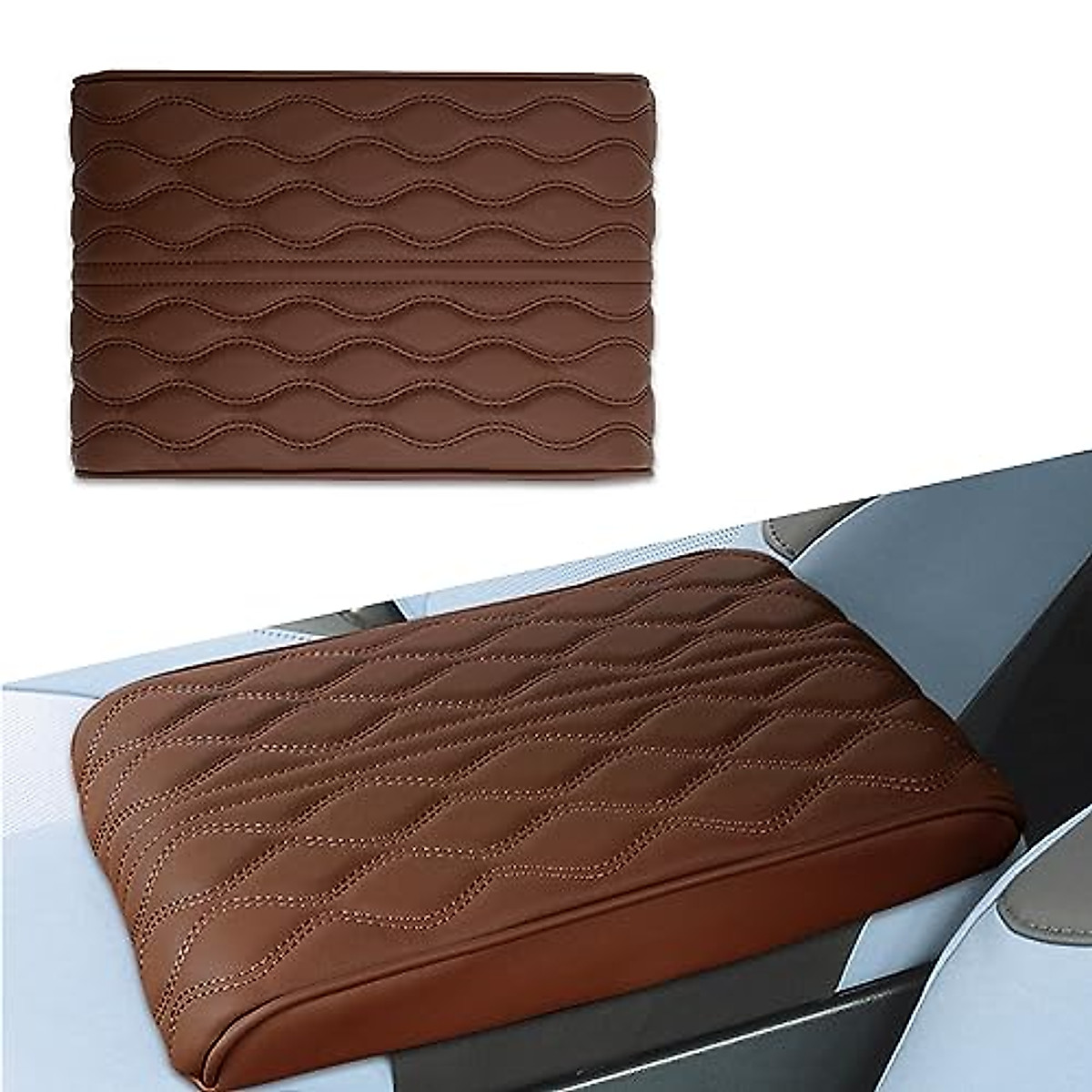 Dewkou 1 Pack Auto Center Console Pad, Memory Foam Car Leather Arm Rest Covering, Universal Waterproof Armrest Box Booster Pad, Anti-Scratch Cover for Car Armrest Box, for Most Vehicle (Coffee)