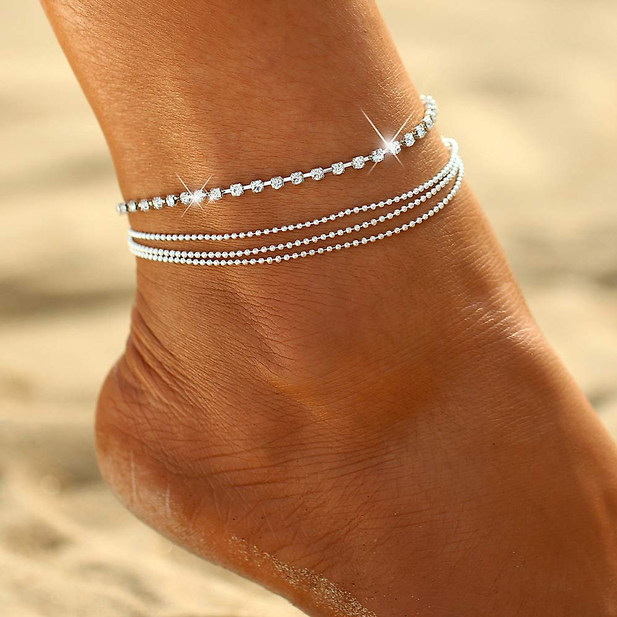 Tasiso Silver Plated Layered Rhinestone Chain Charm Anklet Cubic Zirconia Ankle Bracelet Summer Sparkling Crystal Foot Chain Jewelry for Women 8.3"