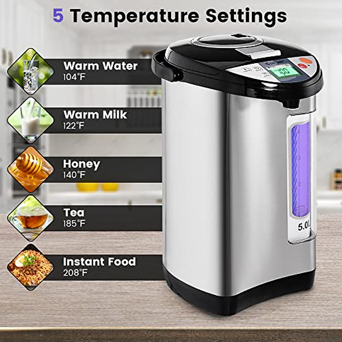 COSTWAY Instant Electric Hot Water Boiler and Warmer, 5-Liter LCD Water Pot with 5 Stage Temperature Settings, Safety Lock to Prevent Spillage, Stainless Steel Hot Water Dispenser