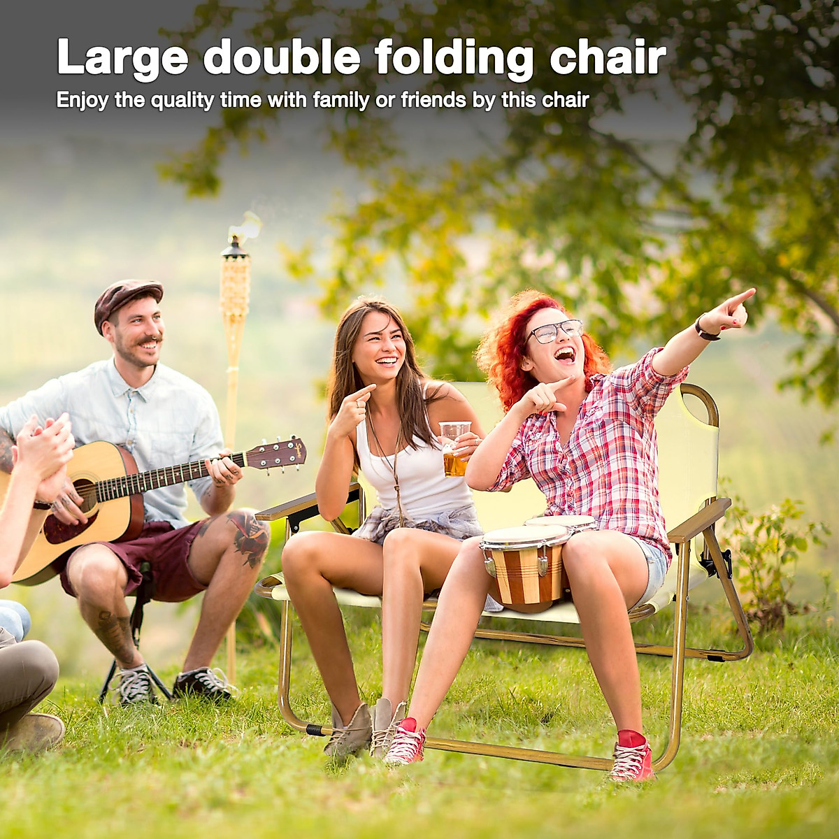 Fadidio Patio Loveseat 2-Person 45" Outdoor Loveseats Folding Camping Bench Double Chair Foldable Lounge Furniture Chair with Wooden Armrest Portable for Garden,Patio,Terrace,Fishing,Picnic,Park,