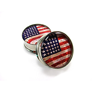 Mystic Metals Body Jewelry Double Flare American Flag Picture Plugs - Sold As a Pair (00g (10mm))