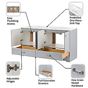Spring Mill Emlyn Double Bathroom Vanity with 2 Cabinets, 2 Drawers, and White Sink Top, ‎18.75" D x 60.25" W x 32.89" H, Pearl Gray
