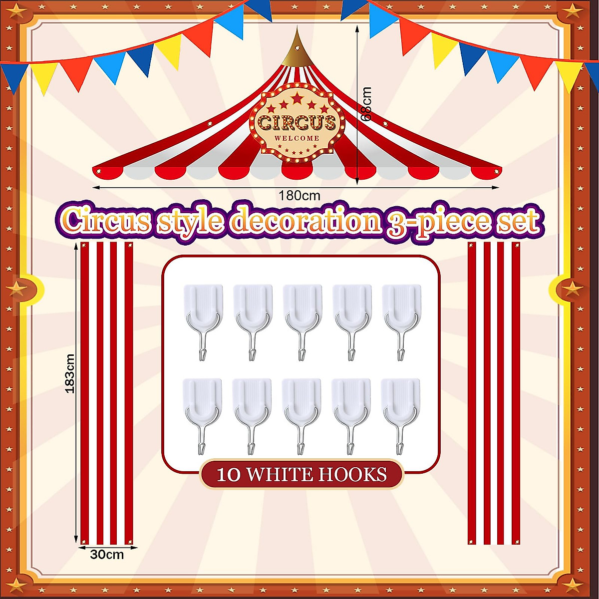 Preboun 3 Pcs Circus Tent Decorations Circus Carnival Party Decorations Classroom Party Banner Supply Red and White Striped Pennant Banner for Circus Theme Graduation Celebration Party Carnival
