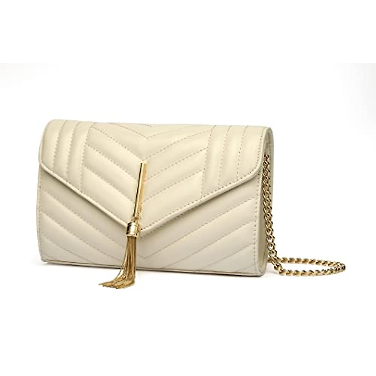 Genuine Leather Clutch Crossbody Bag Quilted Evening Bag for Women Fashion Shoulder Clutch Handbag with Chain - White