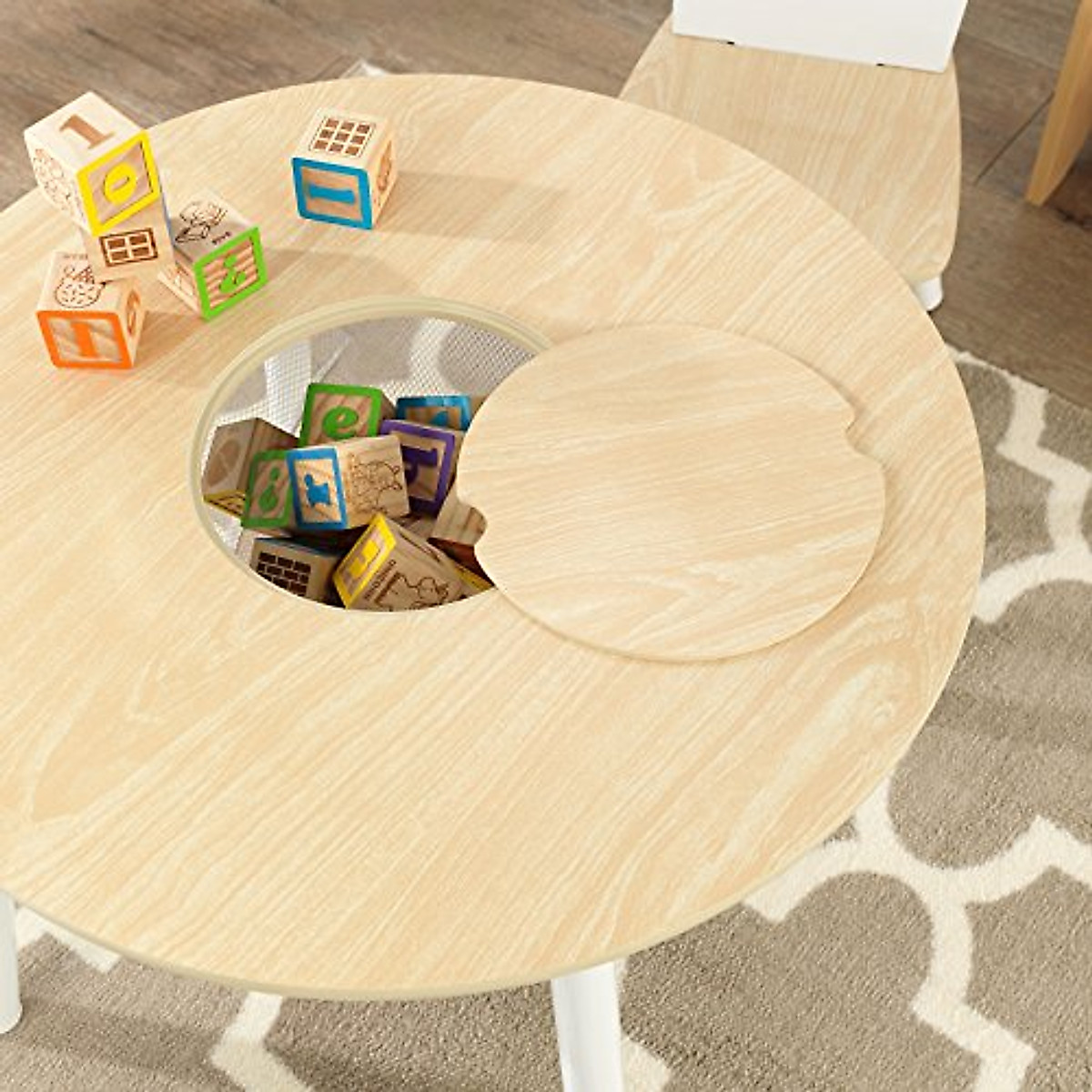 KidKraft Wooden Round Table & 2 Chair Set with Center Mesh Storage - Natural & White, Gift for Ages 3-6 23.5 x 23.5 x 17.3