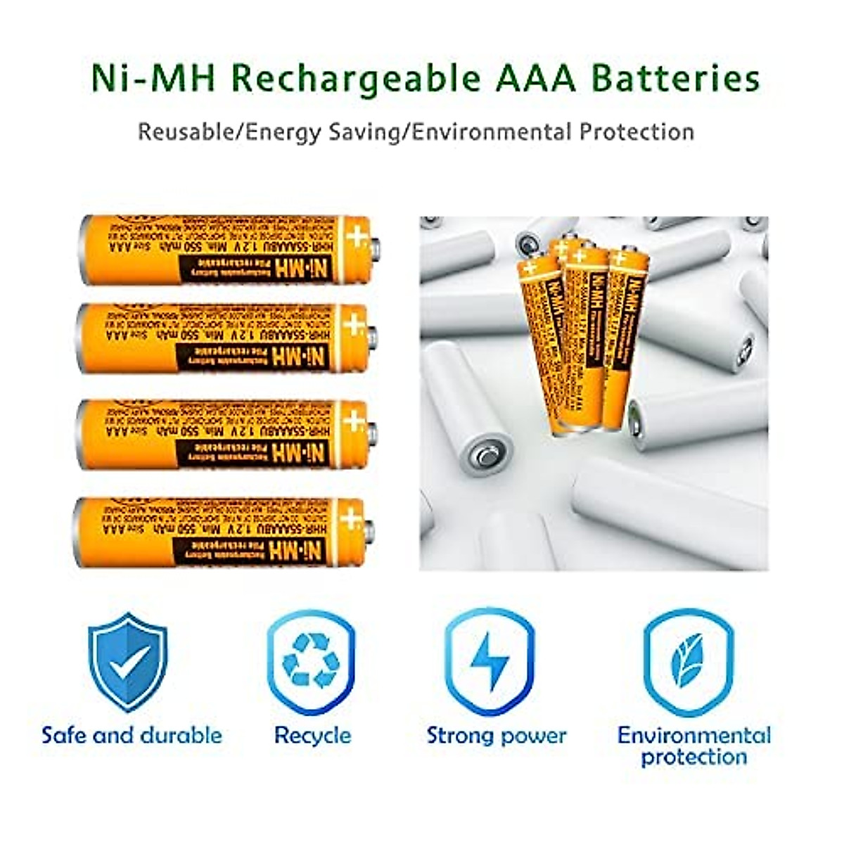 EOCIK 8 Pack HHR-55AAABU NI-MH Rechargeable Battery for Panasonic 1.2V 550mAh AAA Battery for Cordless Phones