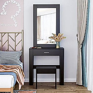 mixtavie Vanity Desk with Sliding Mirror & Stool, Makeup Vanity with Storage Shelves & Drawer & Chair, Vanity Table Set for Bedroom, Black