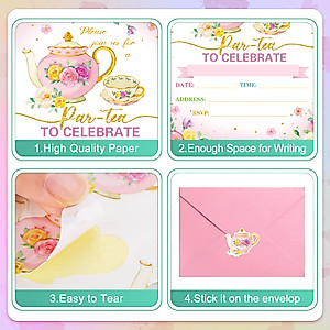 24 Pcs Tea Party Invitation Cards With Envelopes And Stickers, Little Girl Garden Tea Cup Time Bridal or Baby Shower Invite, High Tea Themed Ladies Event Ideas, Printed or Fill in The Blank Card