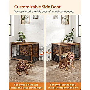 FEANDREA Dog Crate Furniture, Side End Table, Modern Kennel for Dogs Indoor up to 70 lb, Heavy-Duty Dog Cage with Multi-Purpose Removable Tray, Double-Door Dog House, Rustic Brown UPFC003X01