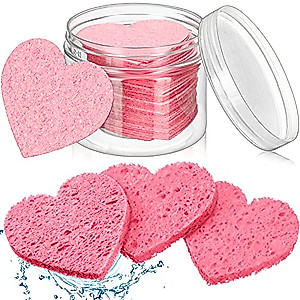 Nuenen 60 Pieces Facial Sponges with Container, Heart Shape Compressed Face Sponges Natural Cleaning Pads for Washing Face Cleaning Exfoliating Esthetician Makeup Removal(Pink)
