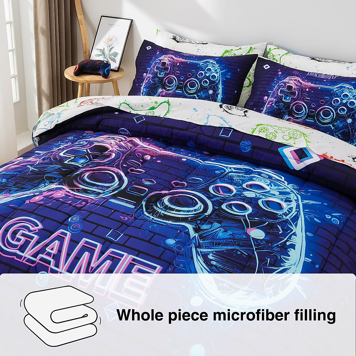 A Nice Night 5Pcs Gaming Comforter Set,Blue Purple 3D Game Contoller Themed Printing Bedding Sets for Kids Teen Boys, Reversible Comforter for All Seasons,Twin