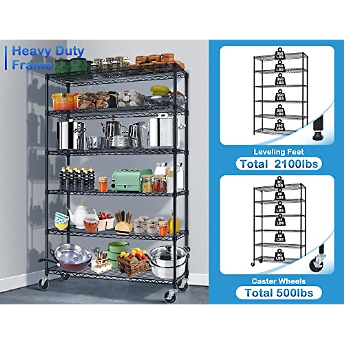 Haiput Wam Garage Storage Shelves for Storage,Organizer Metal Wire Shelving Unit, 5/6 Tier Steel Storage Racks,750Lbs Rust-Proof Adjustable Shelves (Black, 2100Lbs 6 Tier)