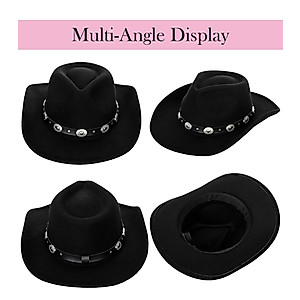Classic Western Cowboy Hat for Women and Men Roll Up Wide Brim Felt Fedora Hats Cowgirl Hat with Belt Buckle Black