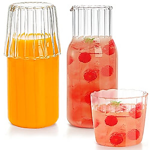 Hacaroa 4 Pieces Bedside Water Carafe with Tumbler Glass, 18 Oz Nightstand Water Carafe and Glass Set, Clear Water Pitcher and Cup Set Mouthwash Container for Desktop, Bedroom, Bathroom, Cup 8 Oz