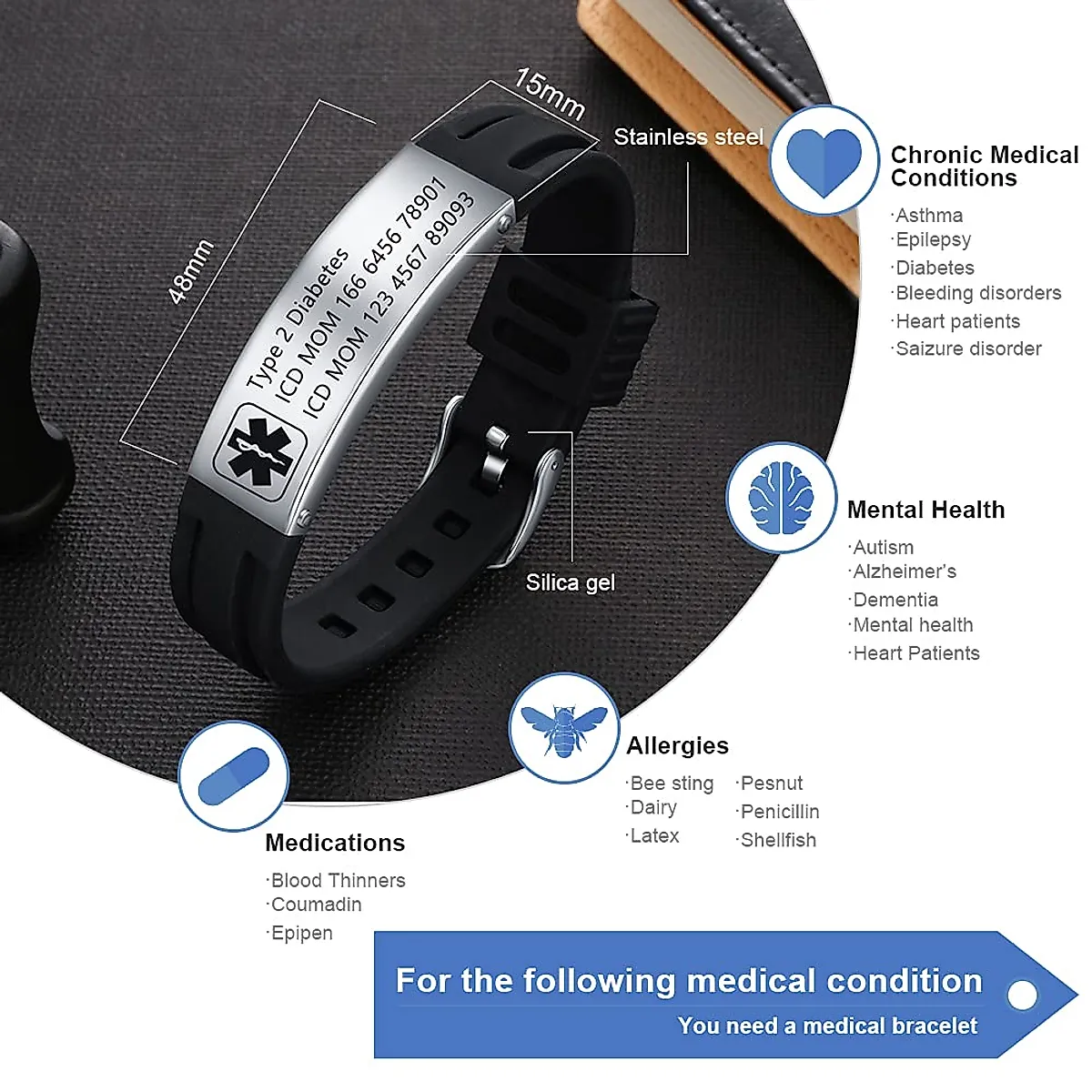 OPALSTOCK Personalized Bracelet Silicone Medical Bracelets Adjustable Sport Emergency ID Bracelets Engraving 9 Inches Waterproof ID Alert Bracelets for Men Women (black3)