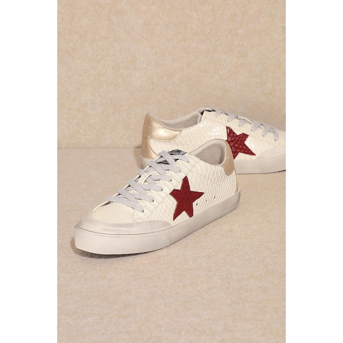 Mi.iM Sadie Rubber Sole Lace-up Leather Star Sneakers (7.5, Beige)
