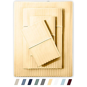 Feather & Stitch Queen Size Damask Bed Sheets|100% Soft Cotton, 4 Pc Set 500 TC Sateen Weave - 1 Flat Sheet, 1 Fitted Sheet & 4 Pillow Cases - Semolina