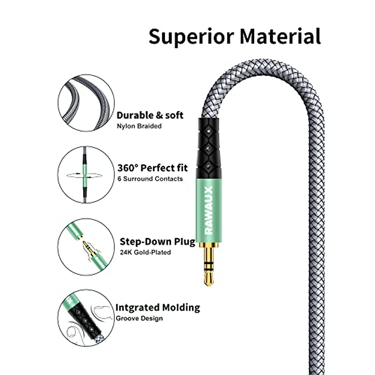 RAWAUX Headphone Extension Cable 3.5mm Male to Female Stereo Audio Cable 24K-Gold Plated Nylon Braided Earphone Extension Adapter Aux Extender Cord for Tablet, Laptop,Phones,Media Players (6.6ft/2m)